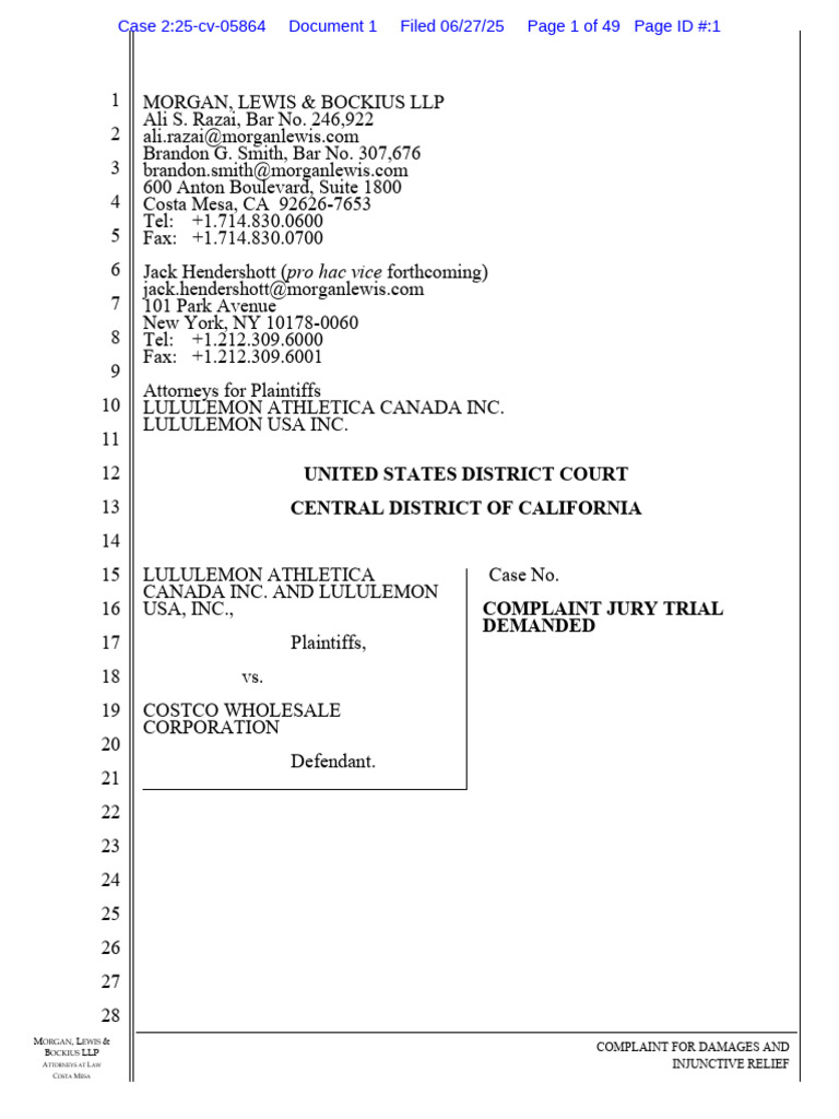 Lululemon's Lawsuit Over Costco | PDF | Complaint | Trade Dress