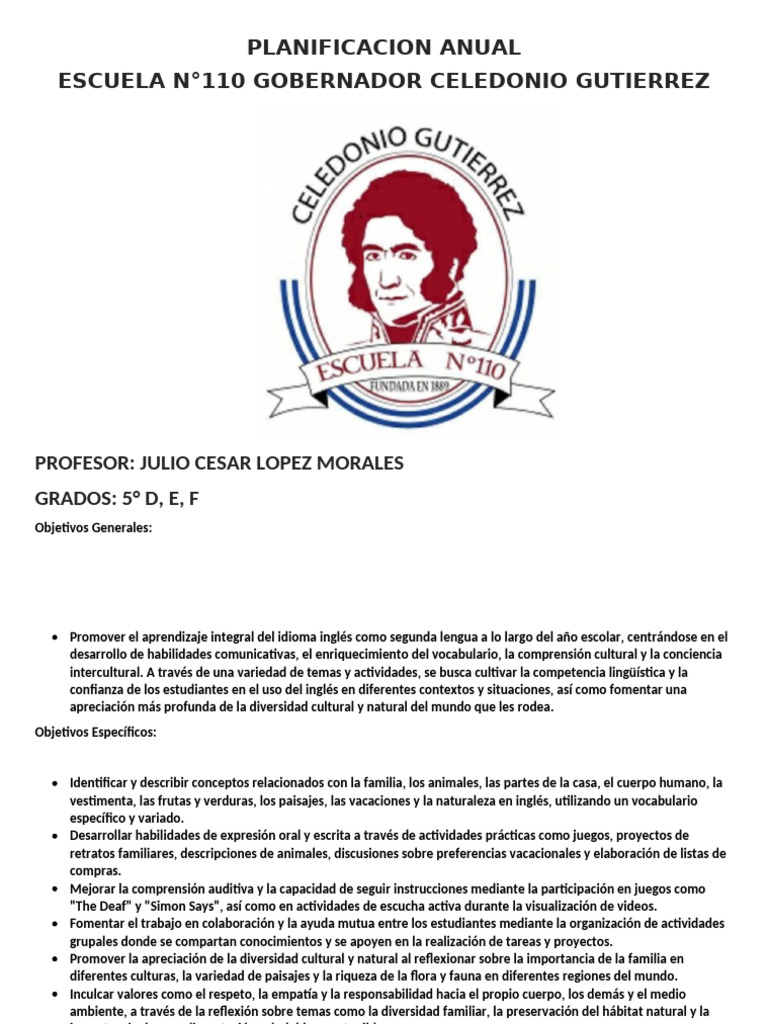 Planificacion Anual 5to Grado 2024 | PDF | Aprendizaje