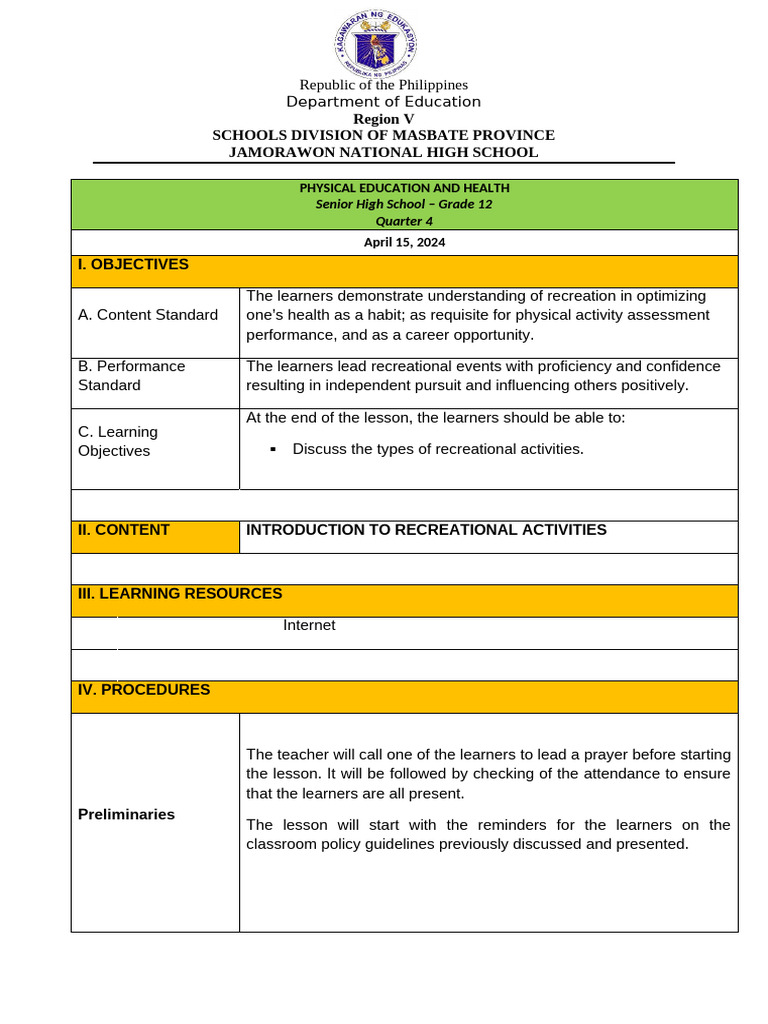 Lesson Plan in Physical Education and Health - Quarter 4 | PDF ...