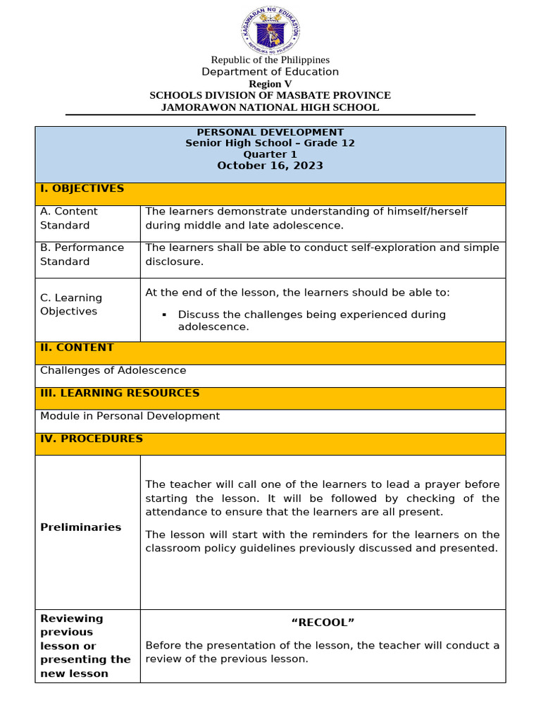 Lesson Plan in Personal Development (Co Quarter 1) | PDF | Teachers ...