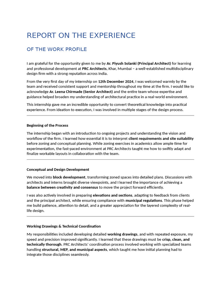 Report On The Experience | PDF | Architect | Drawing