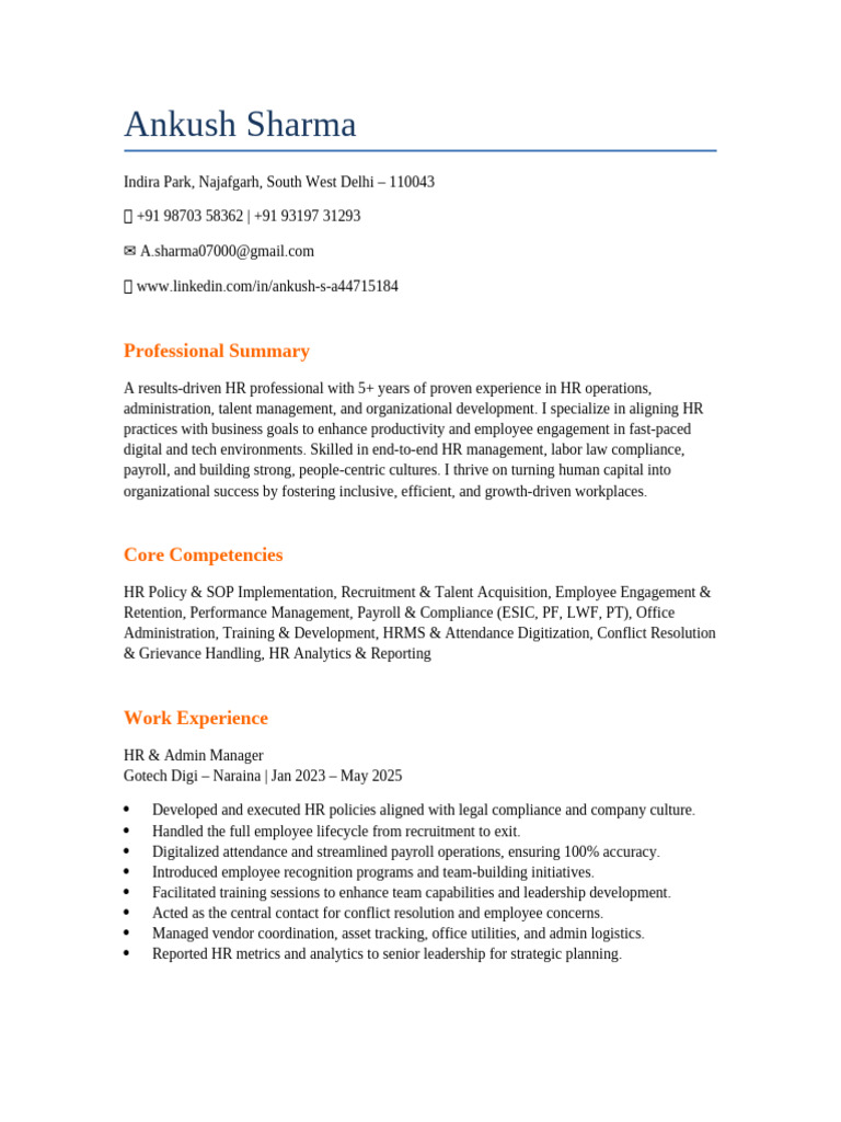 Ankush Sharma HR Resume | PDF | Human Resource Management | Labor