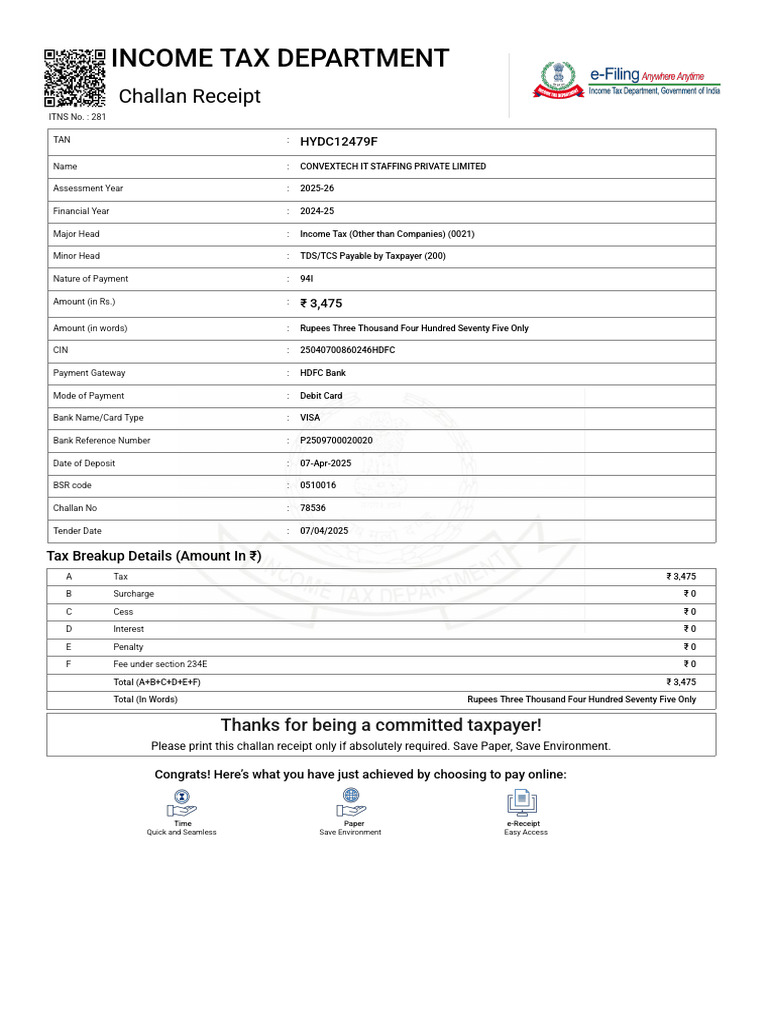 Income Tax Challan Receipt 2025-26 | PDF | Payments | Taxes