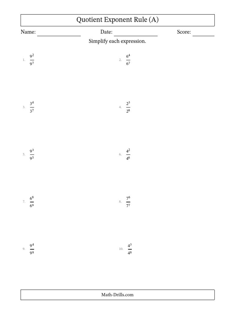Algebra Exponent Rules Basic Dividing Bottomlarger Positive 001. ...