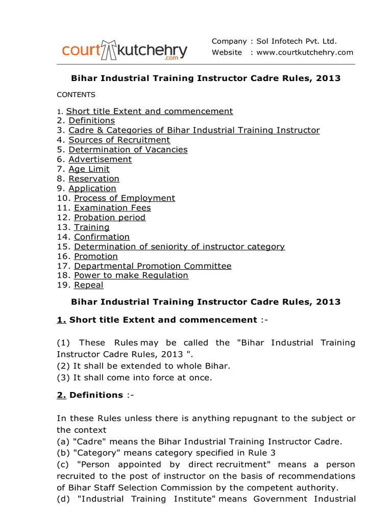 Bihar Industrial Training Instructor Cadre Rules, 2013 | PDF | Employment