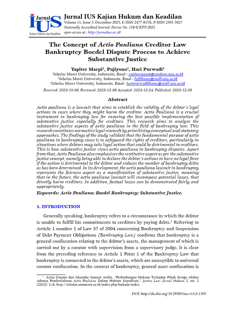 The Implementation of Actio Pauliana Creditor Law | PDF | Bankruptcy ...