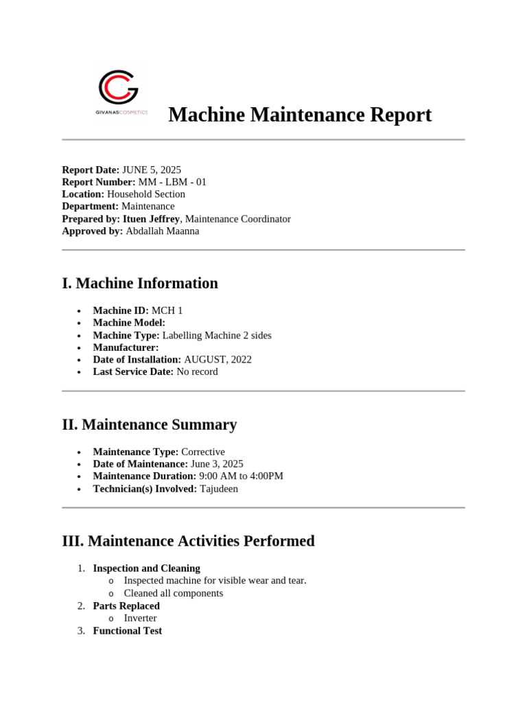 Machine Maintenance Report JUNE WK 1 | PDF