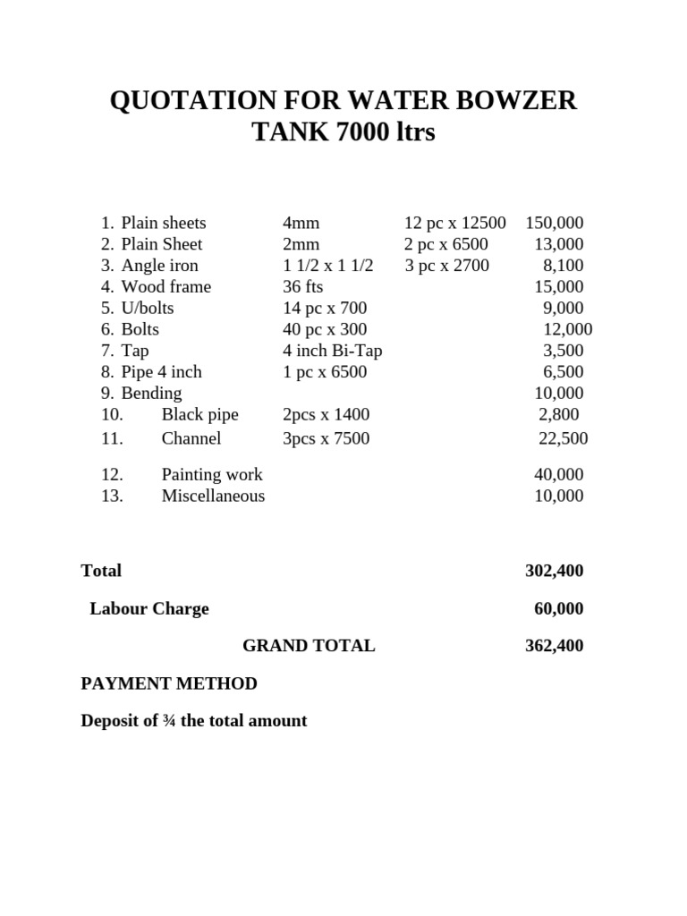 Quotation for Water Bowzer Tank | PDF