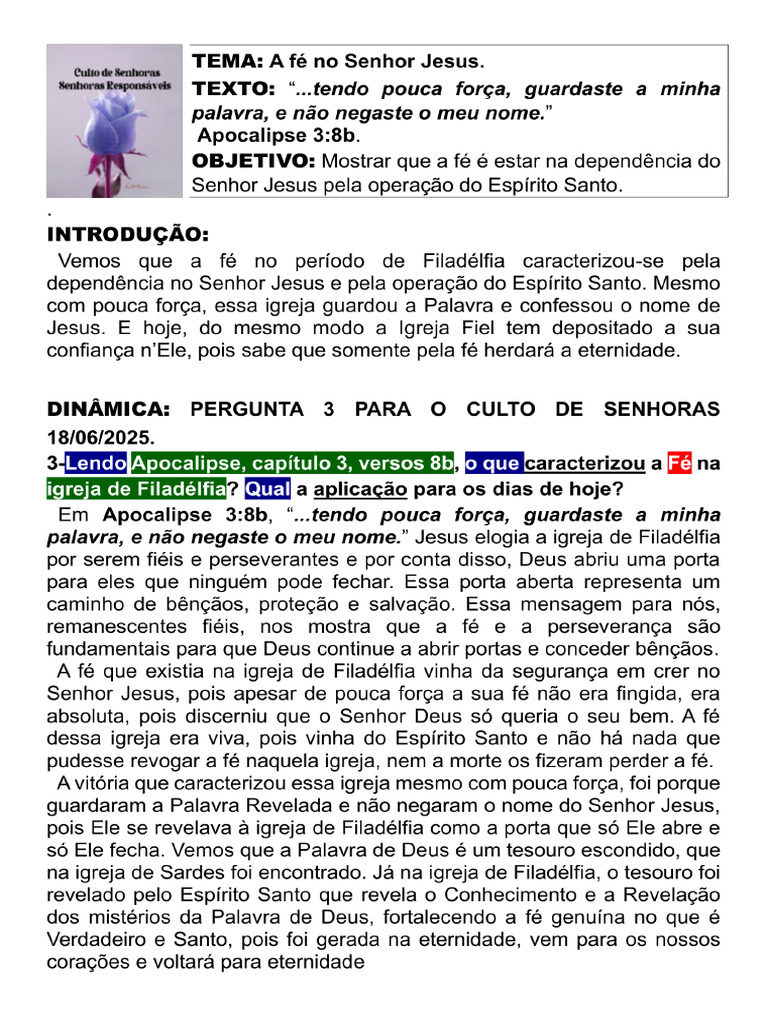 Dinâmica Pergunta 3 para o Culto de Senhoras 18-6-2025 Letra Grande | PDF