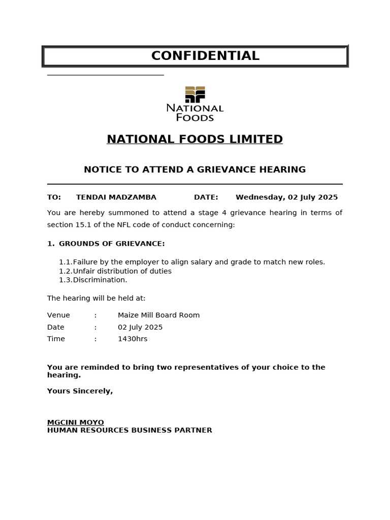 Grievance Hearing Notice for Tendai Madzamba | PDF