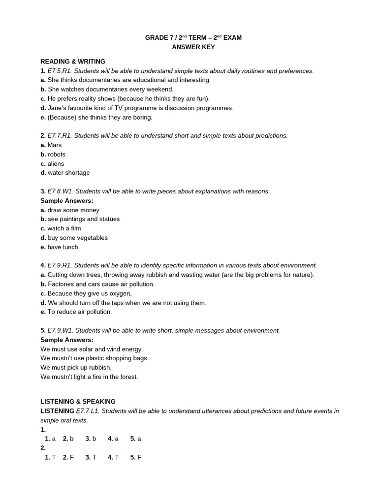 Grade 7 Exam Answer Key: Reading & Writing | PDF | Waste | Natural ...