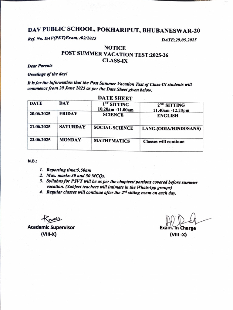 Class IX Post Summer Test Schedule | PDF