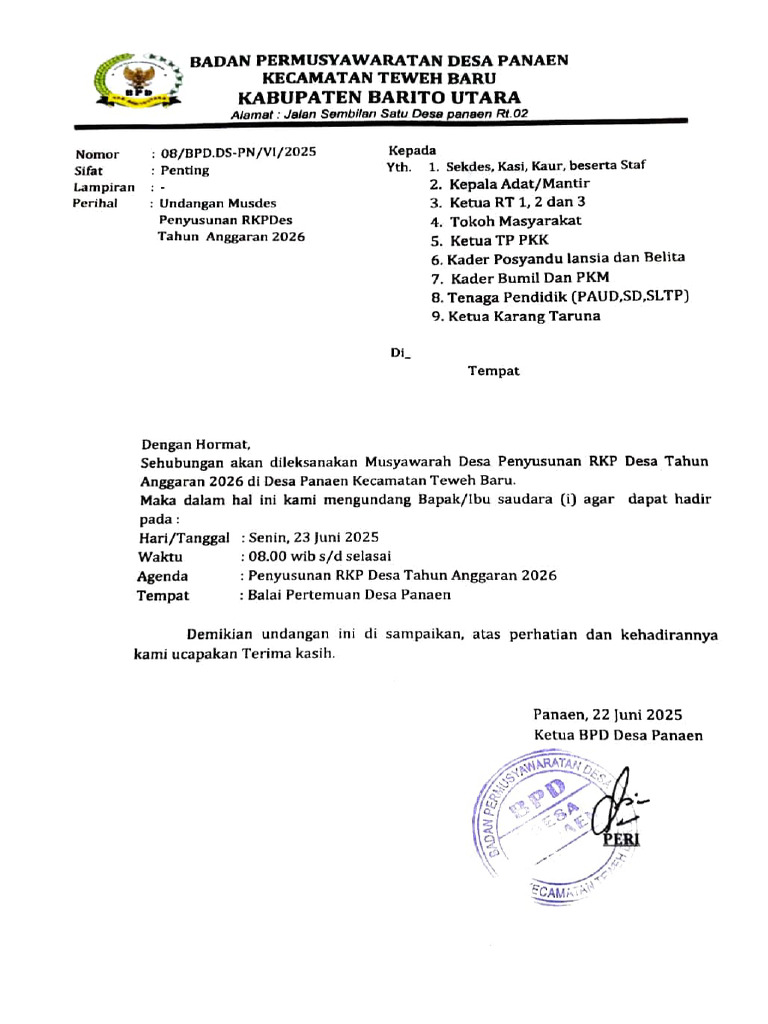Undangan Musdes RKPDes 2026 Panaen | PDF