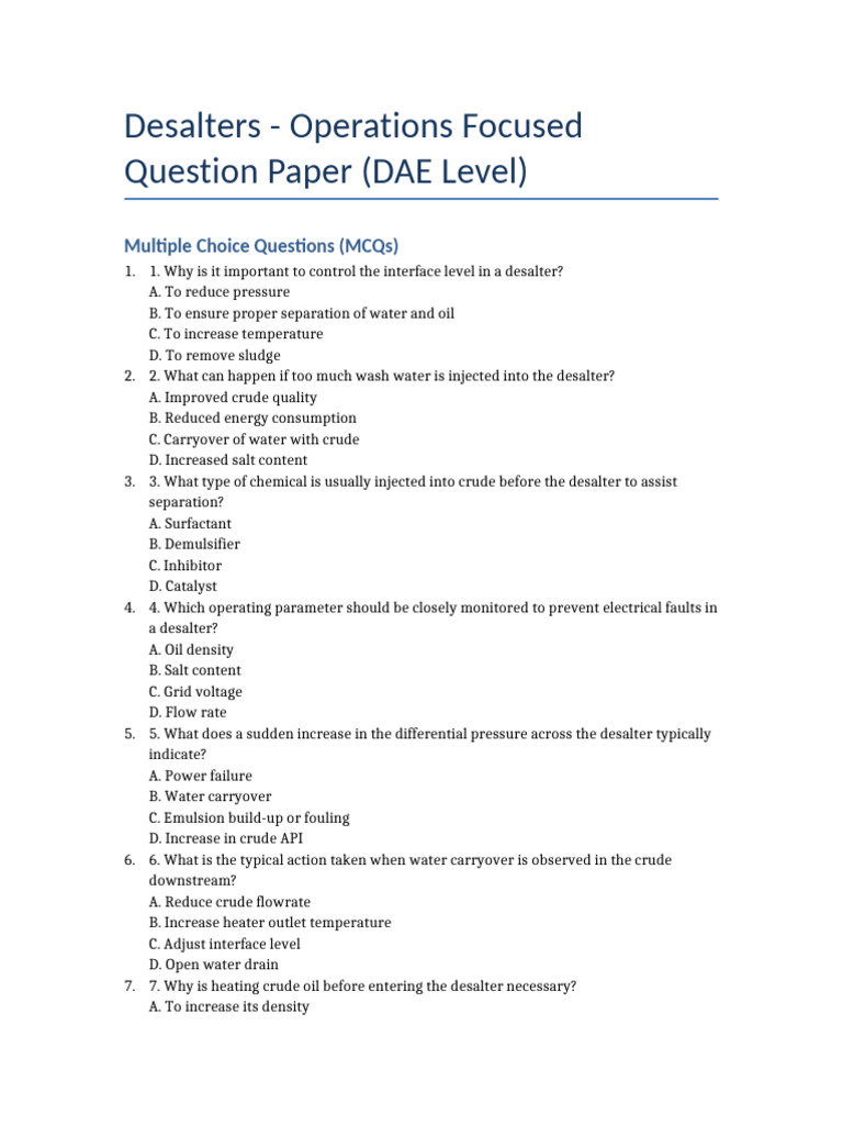 Desalter Operations MCQs and Insights | PDF | Water | Petroleum