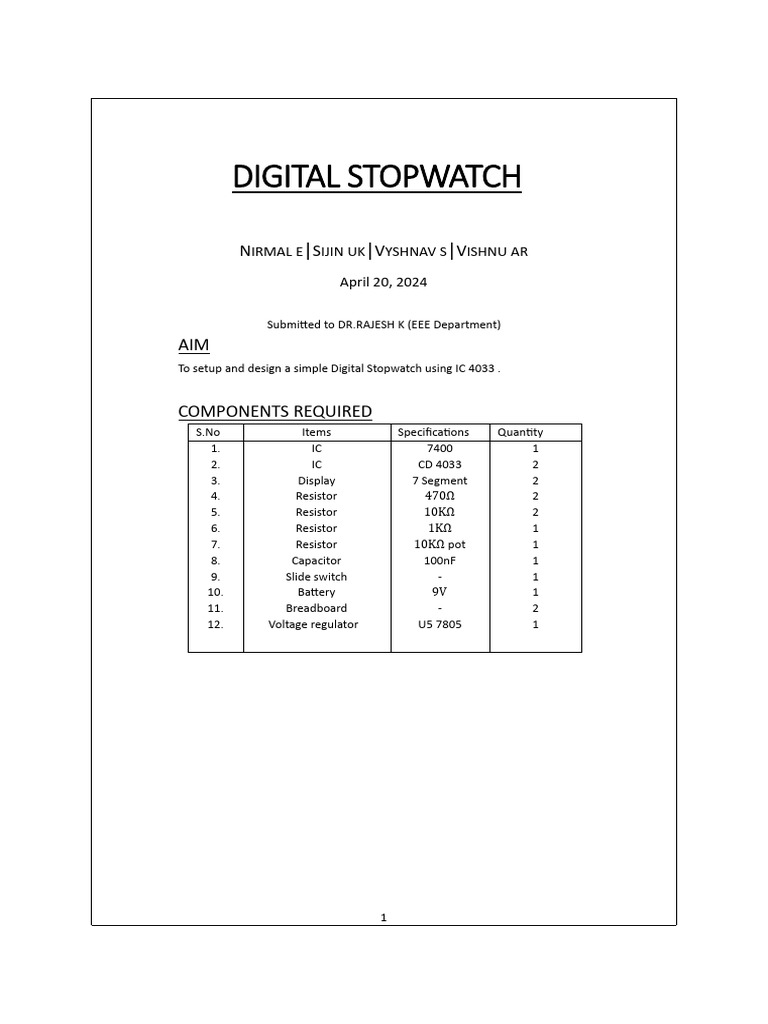 Digital Stopwatch Design with IC 4033 | PDF | Clock | Resistor