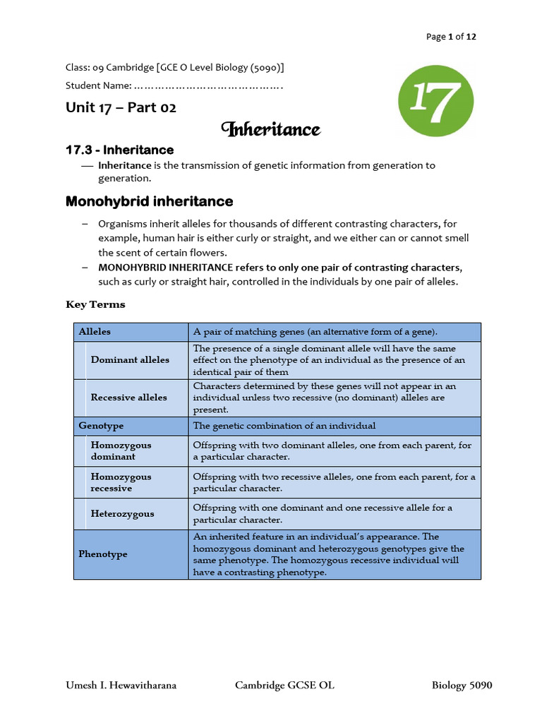 Unit 17 - Inheritance P-02 | PDF | Dominance (Genetics) | Zygosity