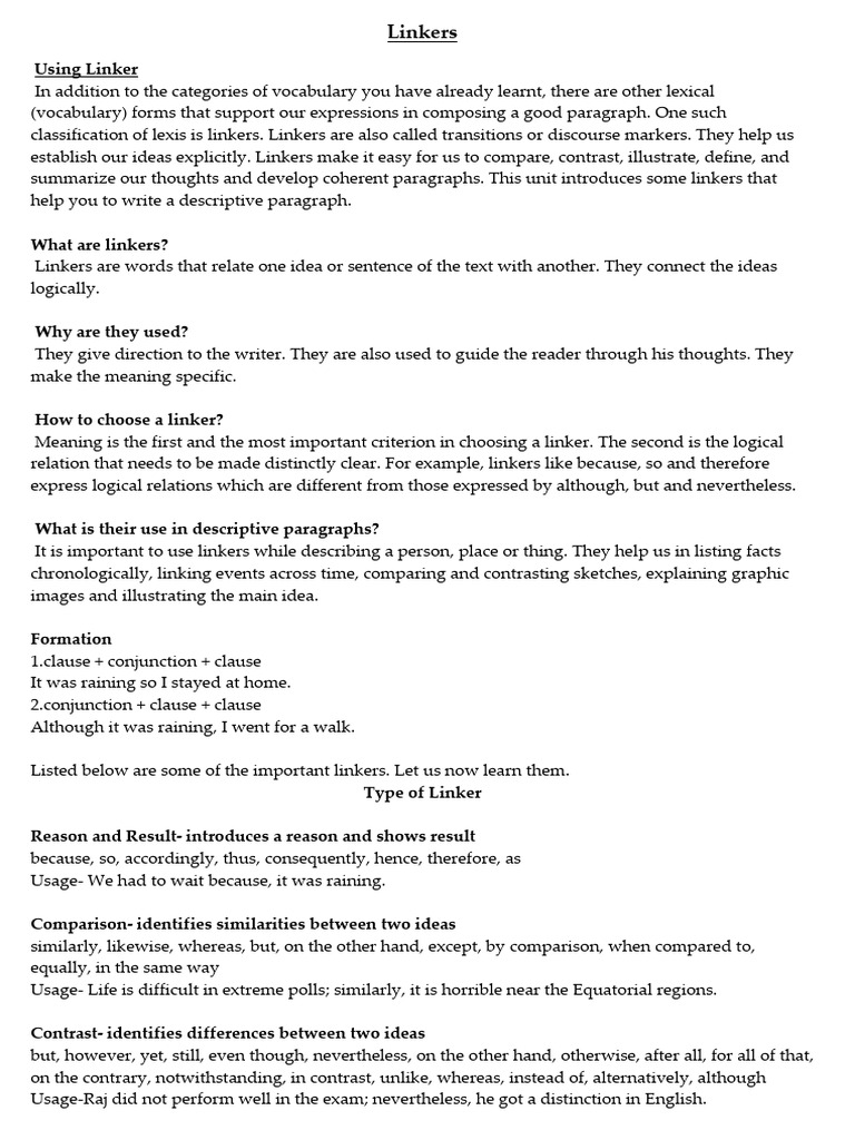 Linkers (Suppport Material) - 1 | PDF | Sentence (Linguistics) | Reason