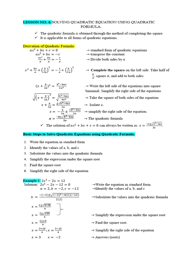 Lecture No. 5. Solving Quadratic by Quadratic Formula. | PDF | Quadratic Equation | Algebra