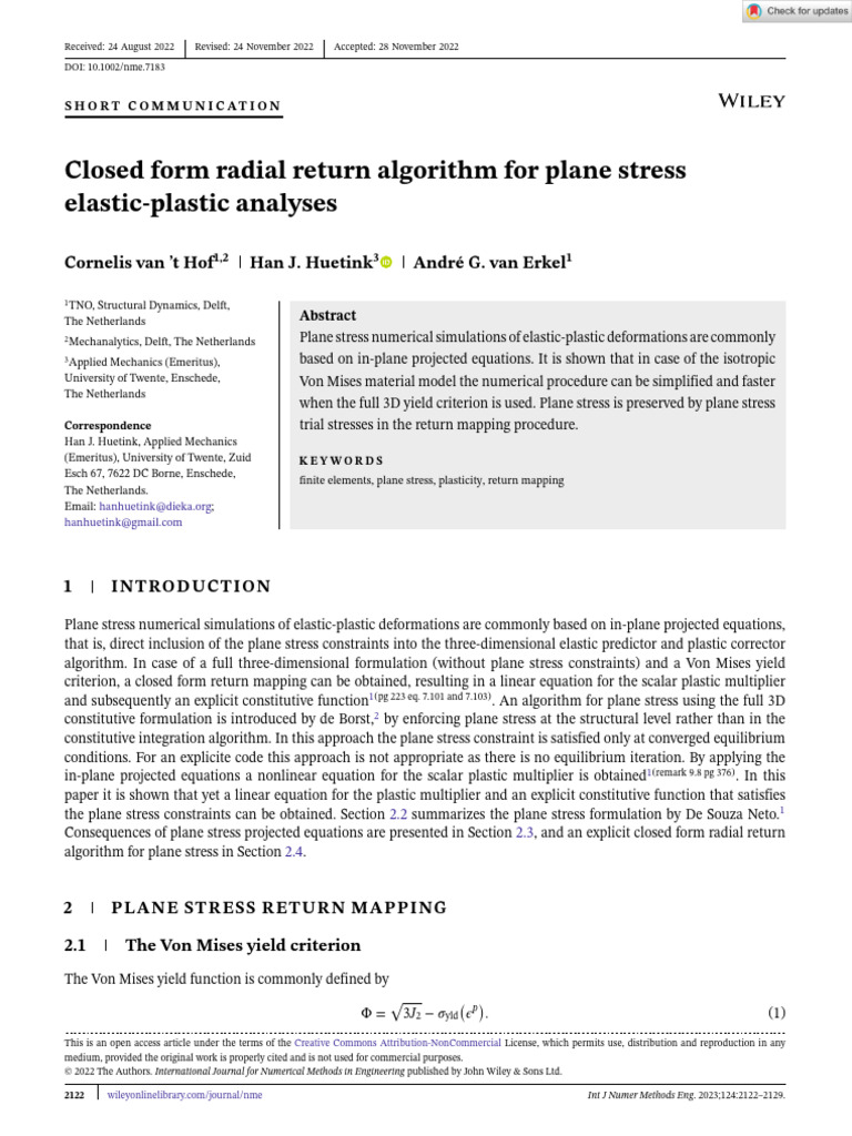 (9461) Closed Form Radial Return Algorithm For Plane Stress Elastic ...