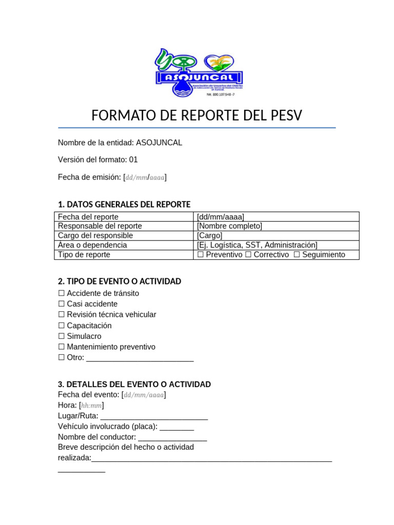 Formato Reporte Pesv Asojuncal | PDF