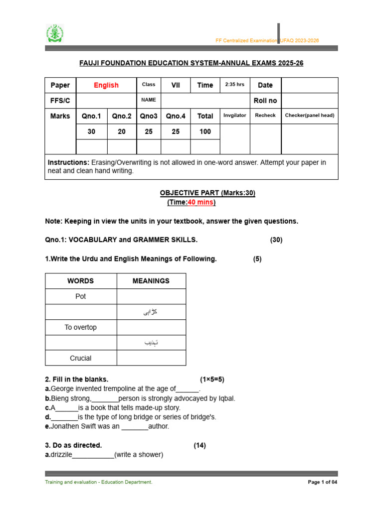Fauji Foundation Paper of English For Grade VII-1 | PDF