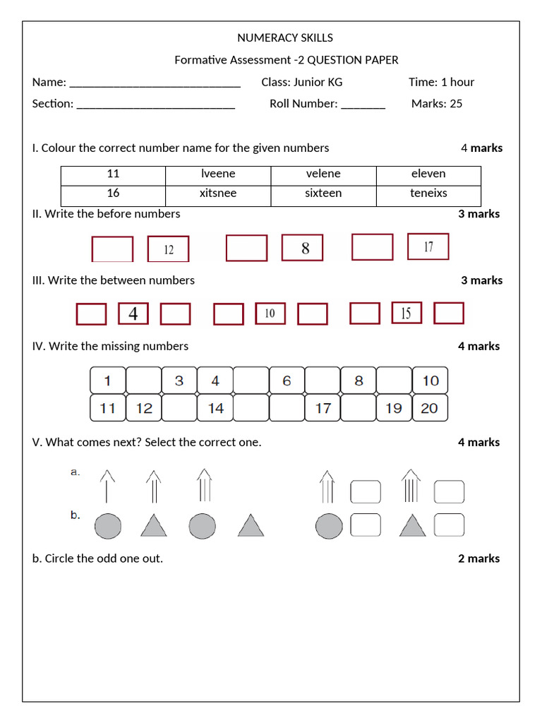 Junior KG Numeracy FA2 Question Paper | PDF