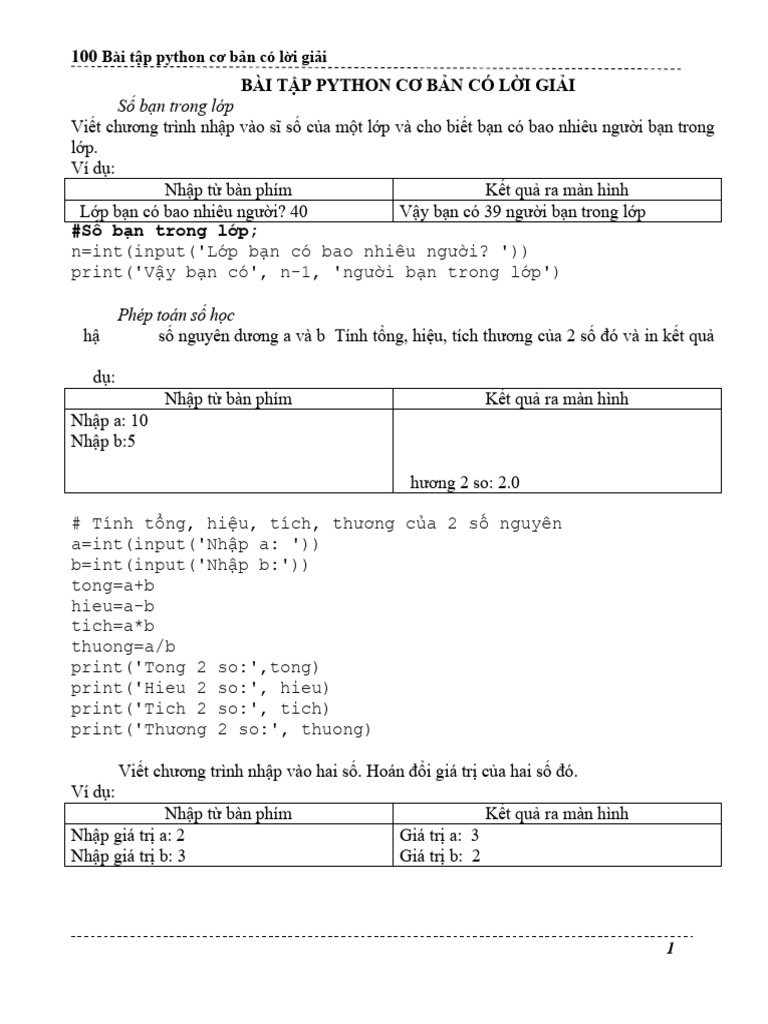 100 Bai Tap Python Co Ban - 17920246 | PDF