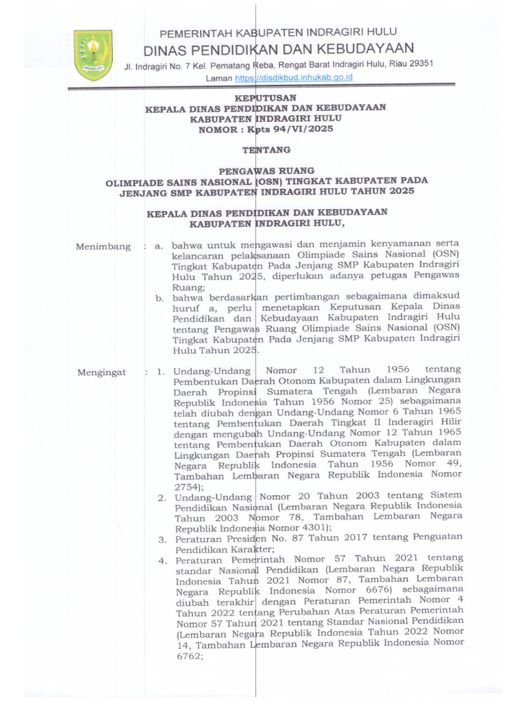 SK Pengawas Silang Osn SMP Tingkat Kab Inhu TH 2025 | PDF