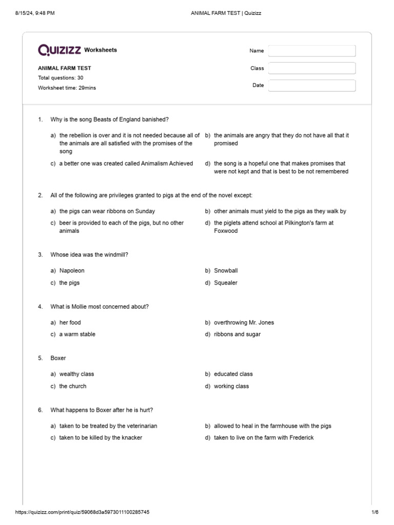 Animal Farm Test - Quizizz | PDF