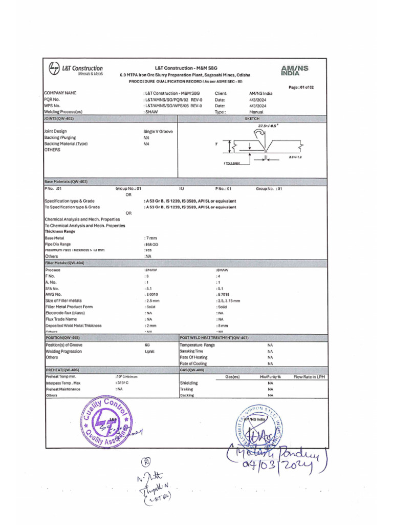 PQR For Smaw Process - Amns | PDF