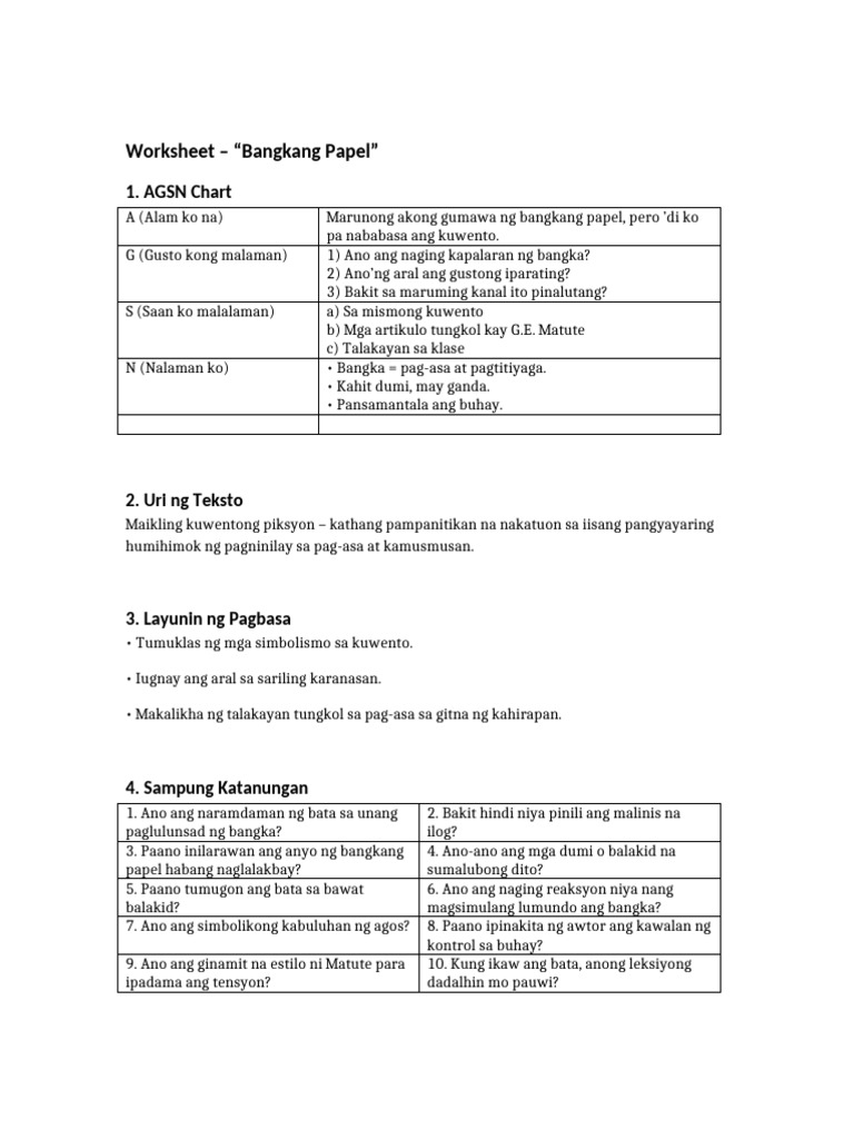Bangkang Papel Worksheet Full | PDF