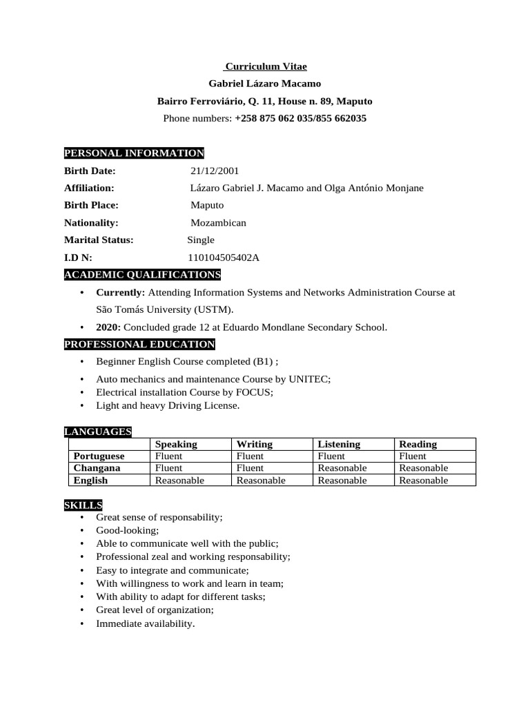 Curriculum Vitae Gabriel Macamo Ingles | PDF