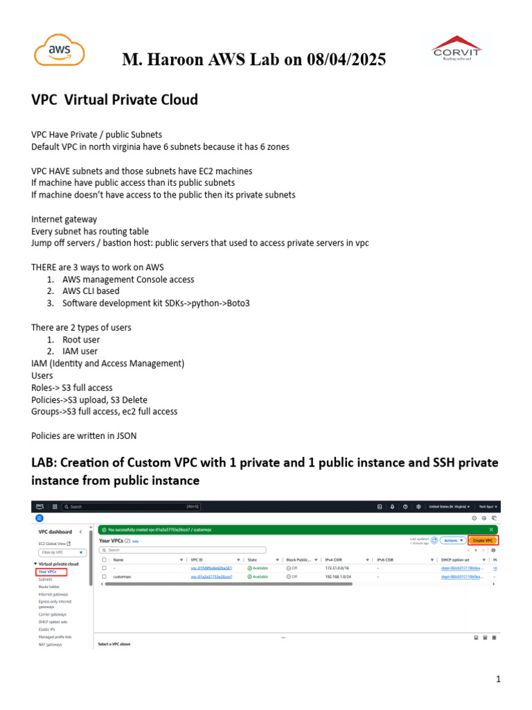 Lab 12 Creation of Custom VPC With 1 Private and 1 Public Instance and SSH Private Instance From ...