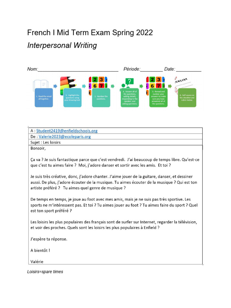 Interpersonal Writing: French I Mid Term Exam Spring 2022 | PDF