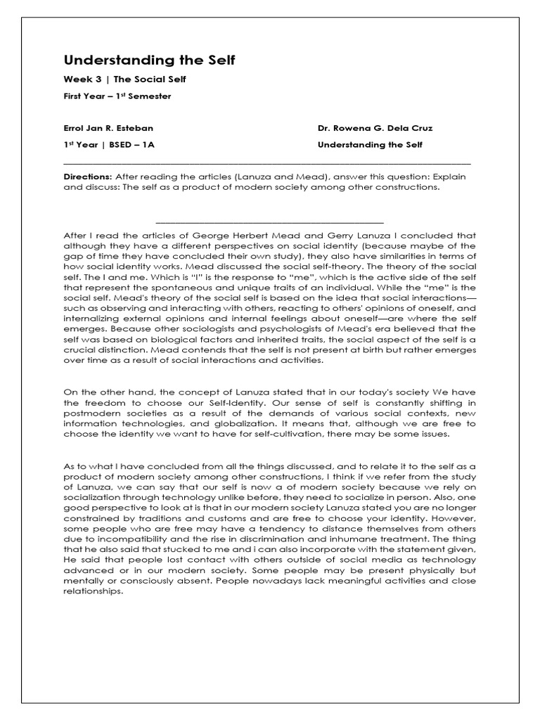 UTS - Week 3 - Self - Identity - Esteban | PDF | Identity (Social Science) | Self