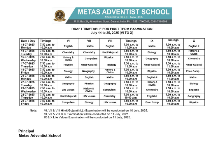 First Term Exam Timetable 2025 | PDF