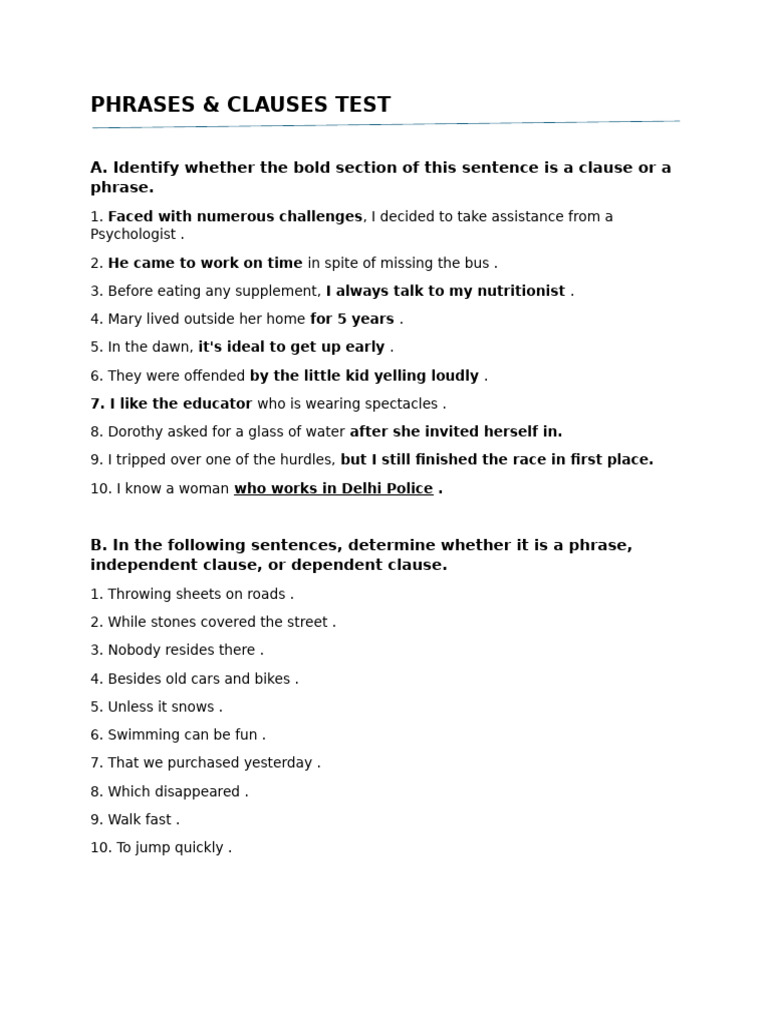 Phrases and Clauses Test | PDF