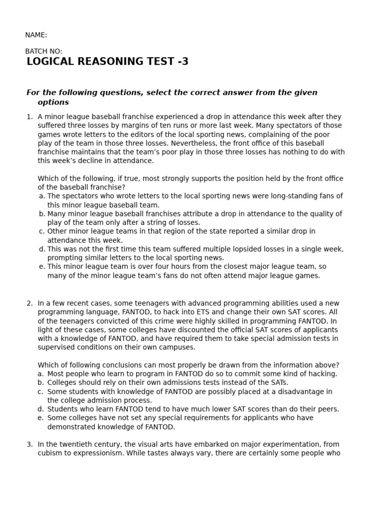 Logical Reasoning Test - 3 | PDF | Sat