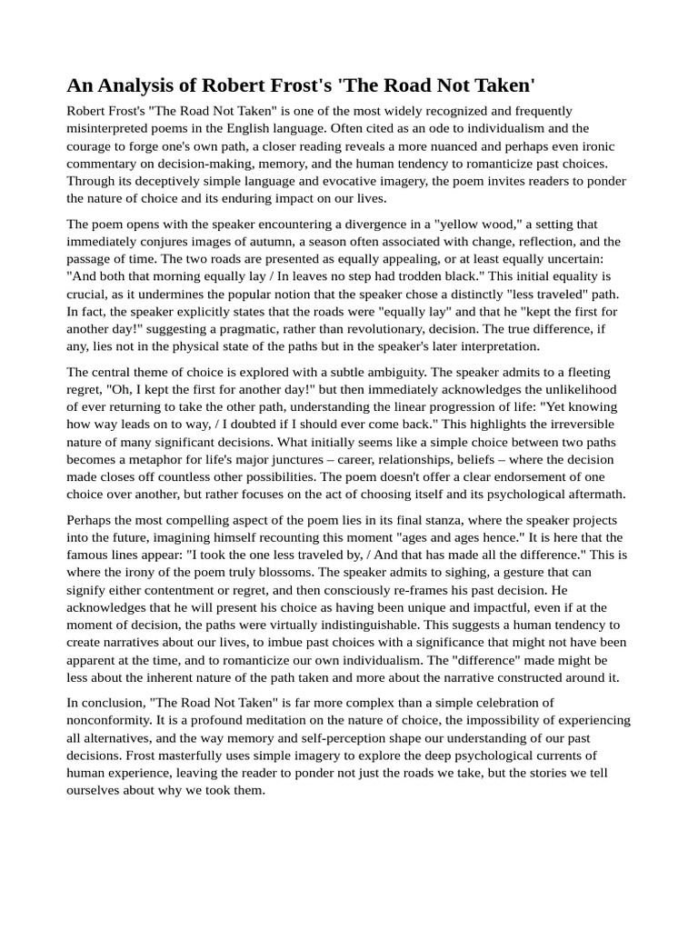 POetry Analysis of The Road Not Taken Robert Frost | PDF