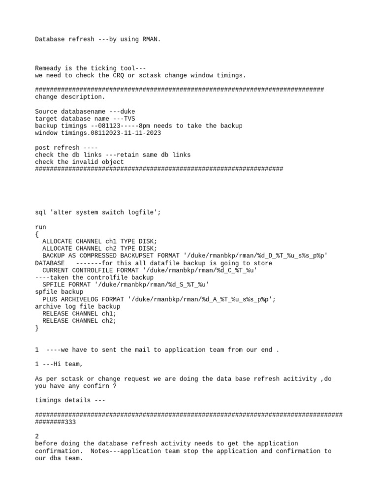 Database Refresh in Rman | PDF | Backup | Databases
