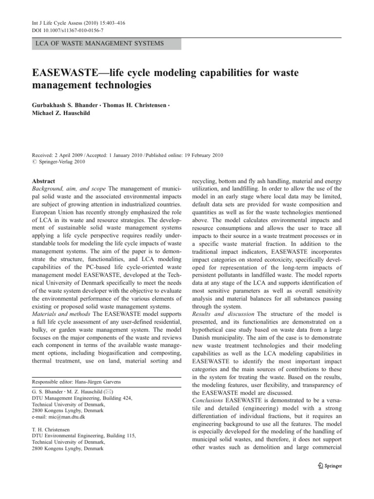 EASEWASTE-Life Cycle Modeling Capabilities For Waste Management ...