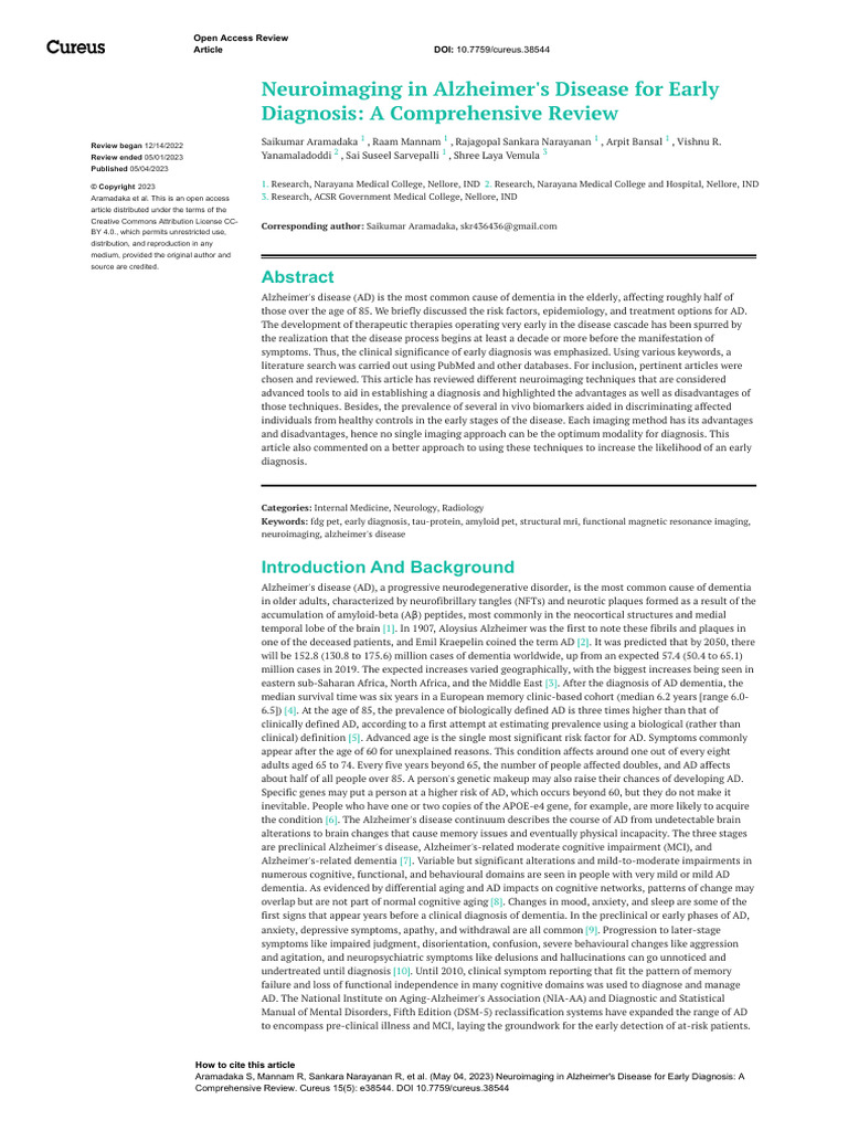 Aramadaka - Neuroimaging in AD - Cureus 2023 | PDF | Positron Emission ...