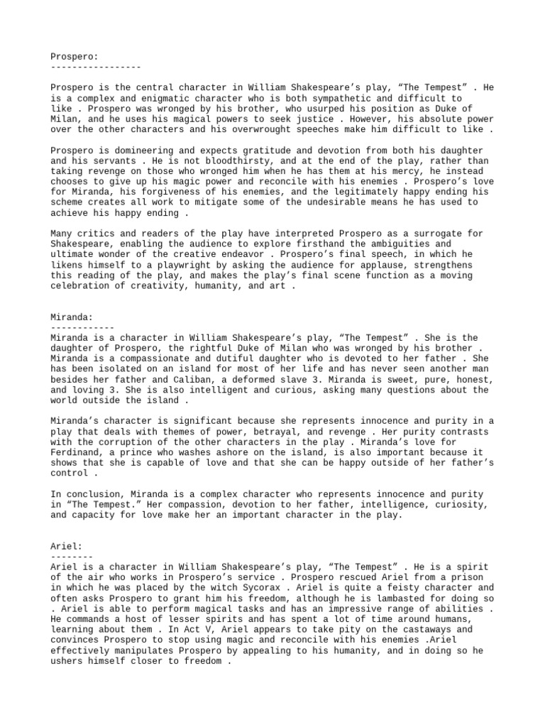 Character Analysis From Tempest | PDF | The Tempest | Shakespearean ...