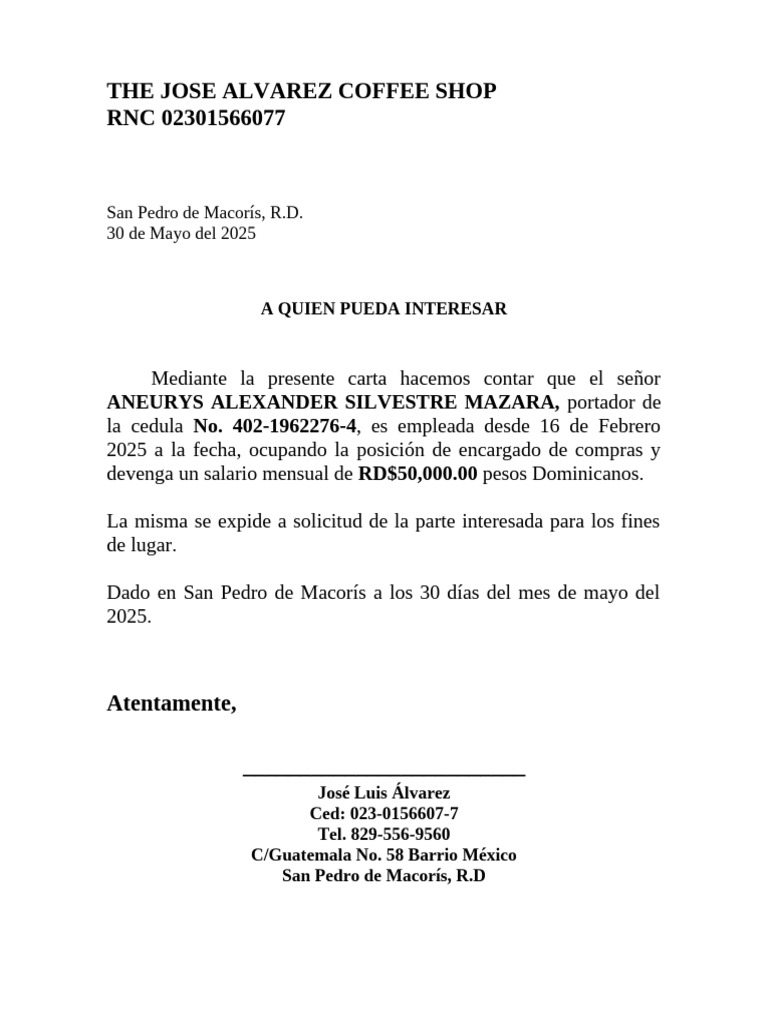 Carta de A Quien Pueda Interesa | PDF