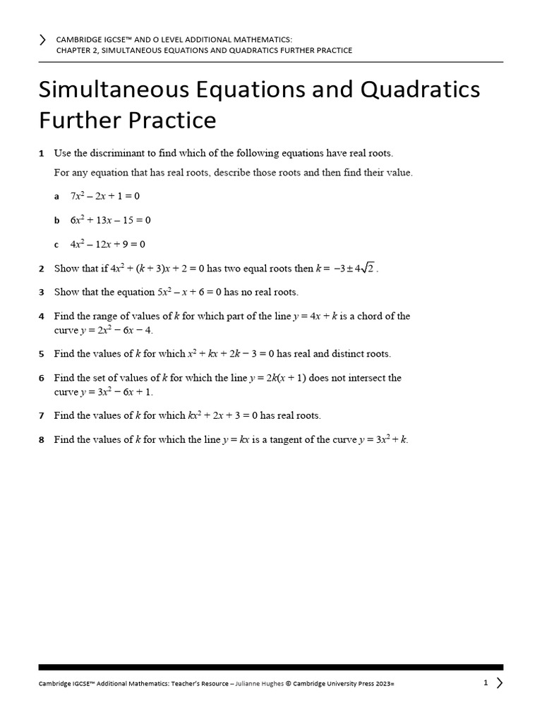 Ch2 - Simultaneous Equations and Quadratics Further Practice | PDF