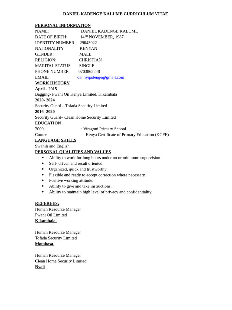 Daniel Kadenge Kalume Curriculum Vitae - 111045 | PDF
