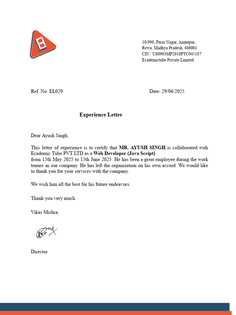 Experience Letter Ayush Singh WEB DEVELOPER | PDF
