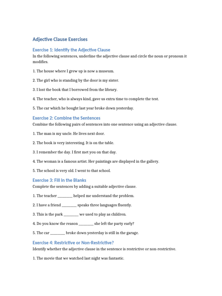 Adjective Clause Exercises | PDF | Adjective | Clause