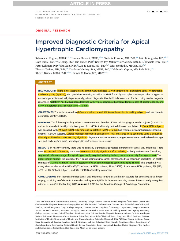 Hughes Et Al 2023 Improved Diagnostic Criteria For Apical Hypertrophic Cardiomyopathy | PDF ...