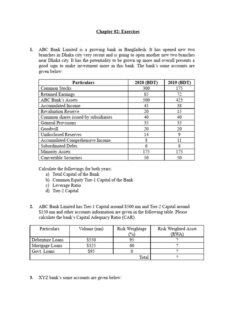 Chapter 02 Exercises | PDF | Capital Requirement | Capital Adequacy Ratio